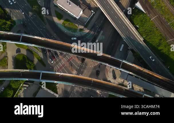 Aerial top down view of a busy urban intersection with multiple ...