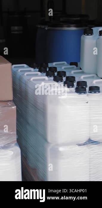 Warehouse of chemical products. Packaging. Empty cartons. Large plastic ...