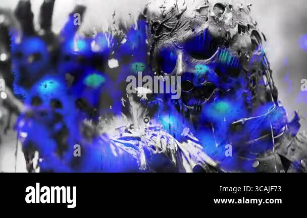 A haunting skull creature with piercing blue glowing eyes and abstract ...