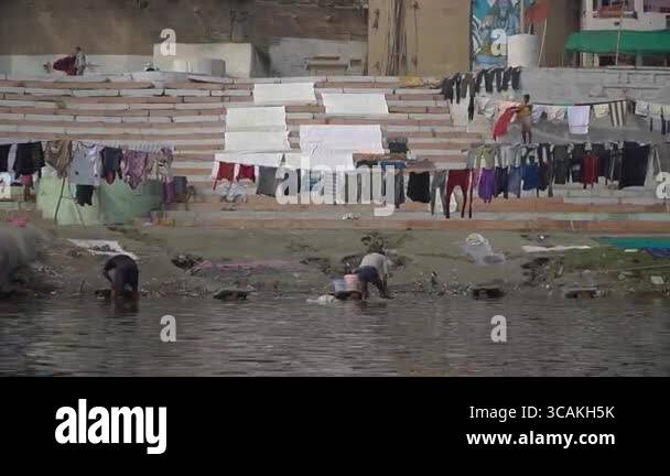 poor indian man wash clothes in holy Ganges River in morning Varanasi ...