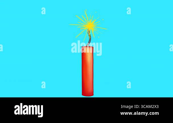 Burning fuse of cartoon dynamite explodes on blue screen. Looping 2D ...