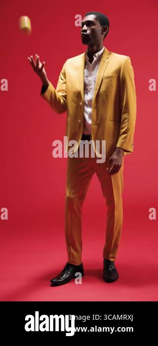 Vertical video: Stylish man in yellow suit holding apple, confidently ...