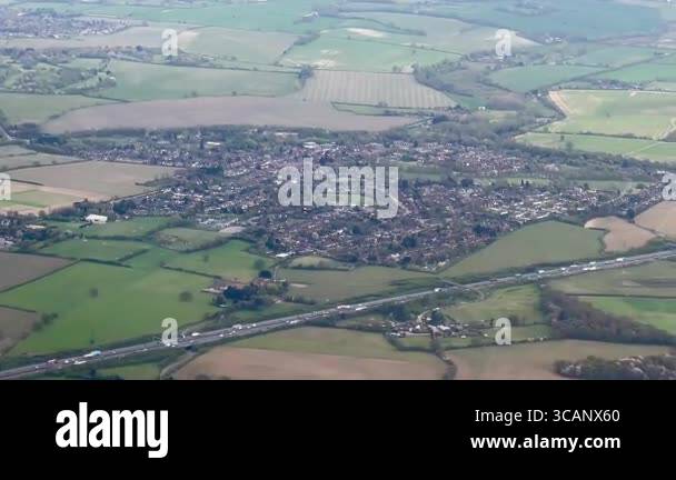 Aerial view of English countryside with neatly divided farmland ...