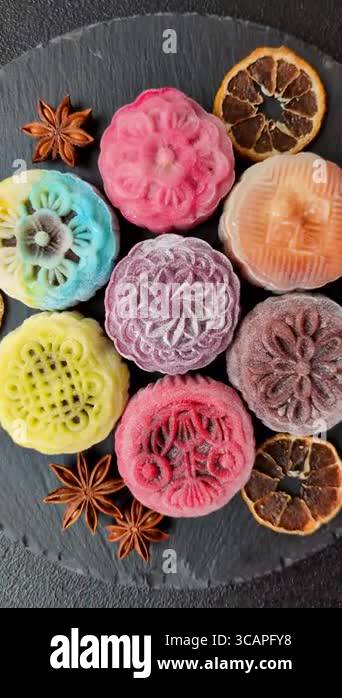 Chinese mooncake is an Asian sweet dessert with a coating of rice dough ...