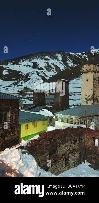 Timelapse vertical view Svan towers settlement in Murkmeli village ...