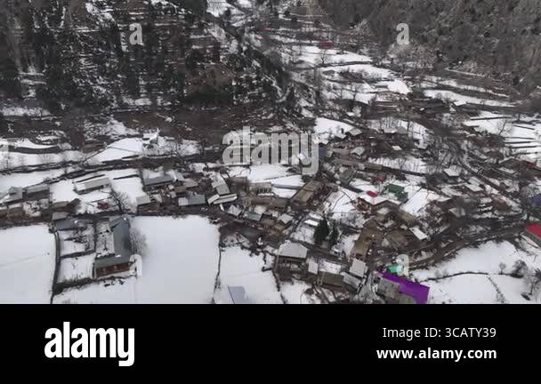 Kalash Valley at Winter, Village of Rumbur, Batrik, Bamburet, Aerial ...