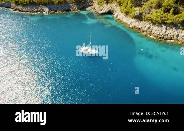 Sailboat floats in calm bay surrounded by rocky coastline and pine ...