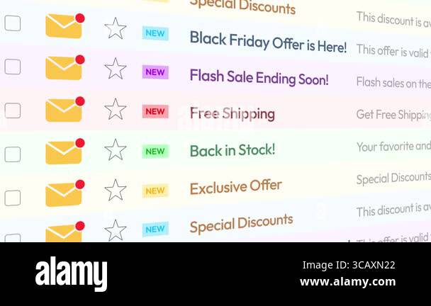 Sales and promotions email list scrolling 4k animation, free shipping ...