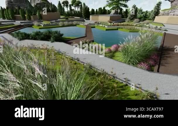 Panoramic video of landscape design of a city garden. Panoramic view ...