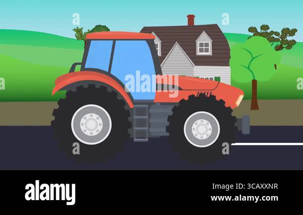 Tractor running on the way cartoon animation, rural area background ...