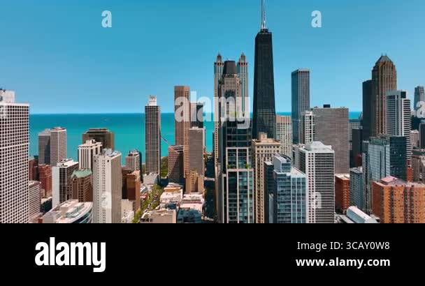 Stunning towers of Chicago downtown on sunny daytime. Drone footage ...