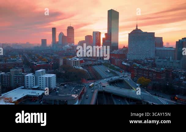 Skyline of modern Boston, Massachusetts, USA at the backdrop of pink ...
