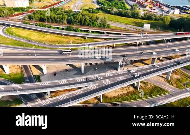 Intricate highway junction in Europe. Aerial view of a complex highway ...