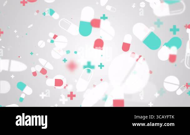 Medical gray background with animated flying icons of pills of ...