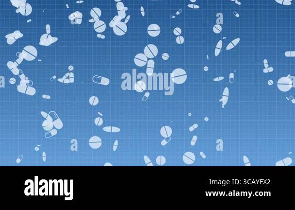 Falling pills capsules on a blue background with grid. Antibiotic ...