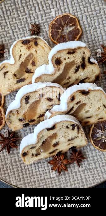 Christmas stollen, a German sweet cake with marzipan fruit and candied ...