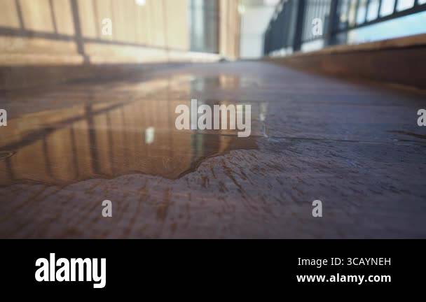 Water collects on a wooden surface, creating a mirror-like reflection ...