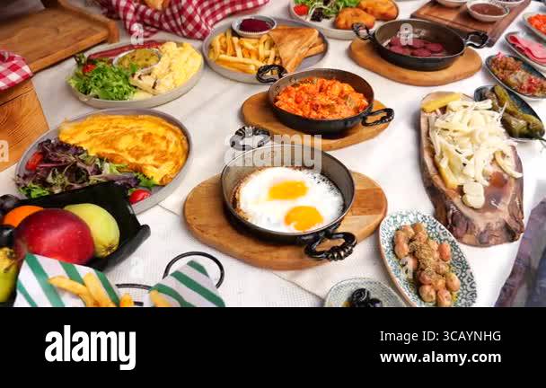 turkish breakfast buffet on a table Stock Video Footage - Alamy