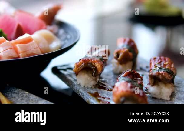Eel fish sushi, sashimi Nigiri Platter, japanese sushi restaurant ...