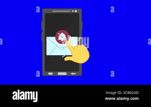 video animation hand pressing mute sound button mobile phone text ...
