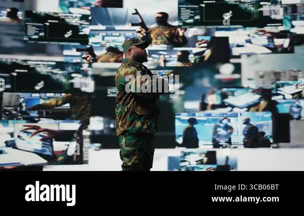 Black soldier operating in a virtual war zone using digital technology ...
