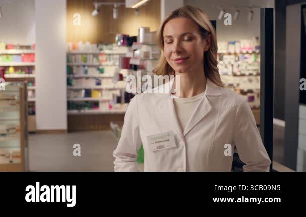 Caucasian woman pharmacist female doctor adviser pharmacology medicine ...