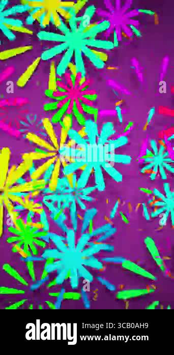 Cartoon-style fireworks on a purple background. Bursts of bright shapes ...
