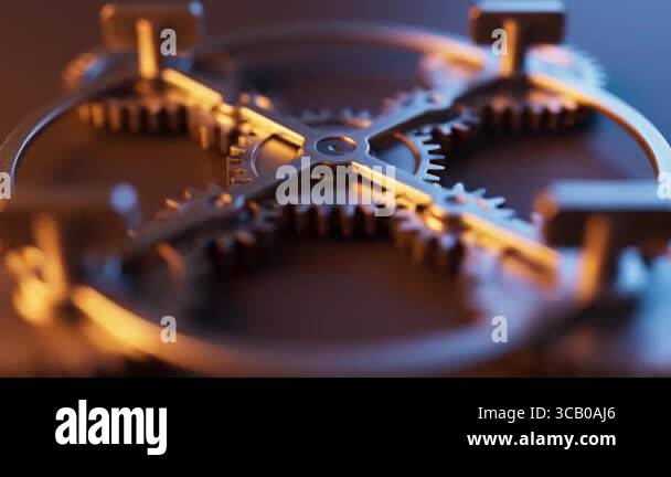 Looping animation of a mechanical structure made of metal gears. Cyclic ...