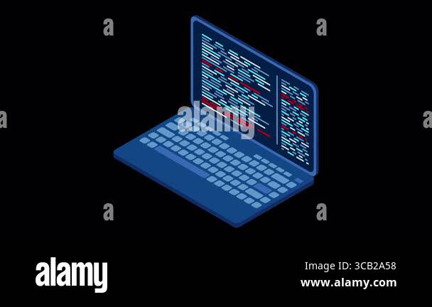 Isometric laptop animation. 3d isometric laptop computer. Abstract programming language and ...