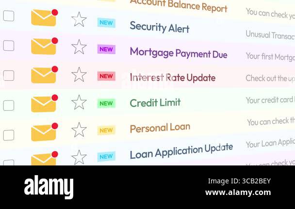 Banking and finance emails scrolling on the screen 4k animation, close ...