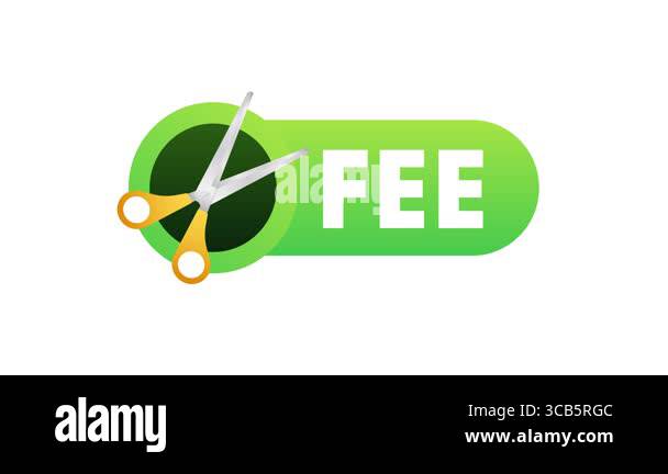 Green fee label with scissors on isolated white background transitions ...