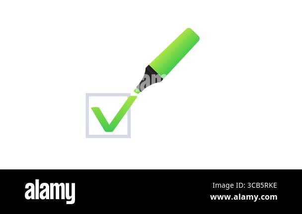 Check mark being drawn with green marker on white and blue background ...