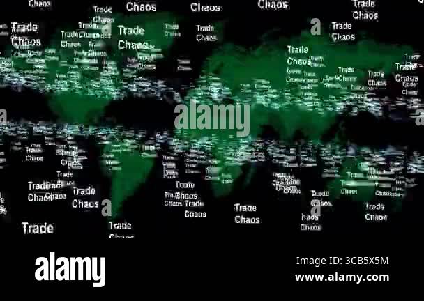 Depicts a digital map of the world overlaid with trade chaos text and ...