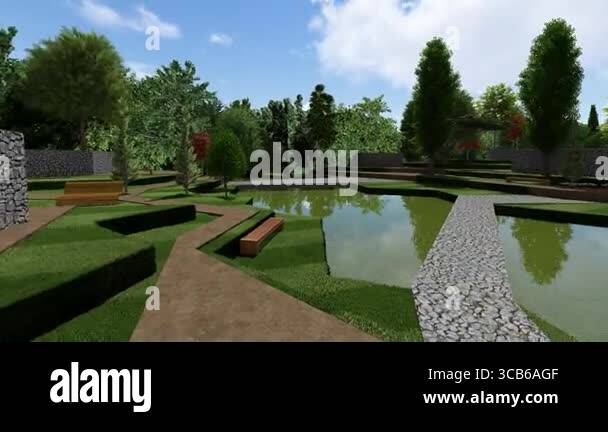 Panoramic video of landscape design of a city garden. Panoramic view ...