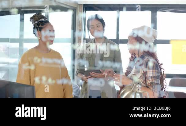 Diverse female team collaborating on coding project, brainstorming ideas on glass board in ...