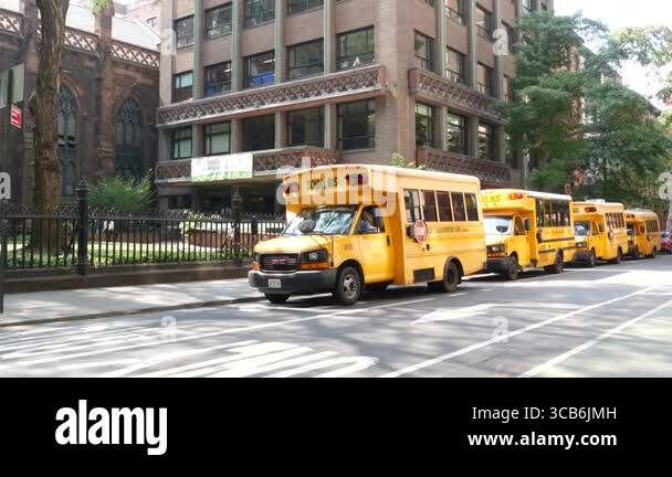 New York City, United States - 8 Sept 2023: Row of yellow school bus ...