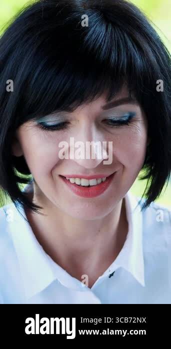 Portrait of pleasant smiling, Happy beautiful real 40 years old ...