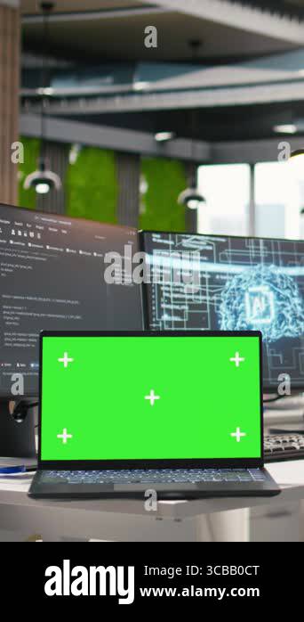 Vertical video Isolated screen laptop in empty AI startup office displaying programming ...