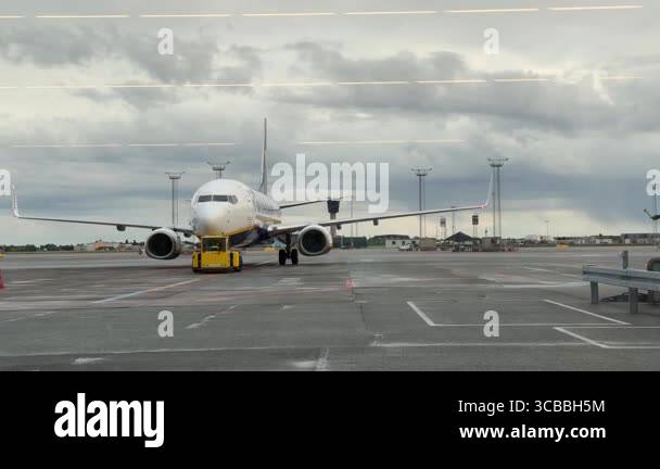 Pushback procedure of Ryanair aircraft ar Kastrup airport in Denmark ...