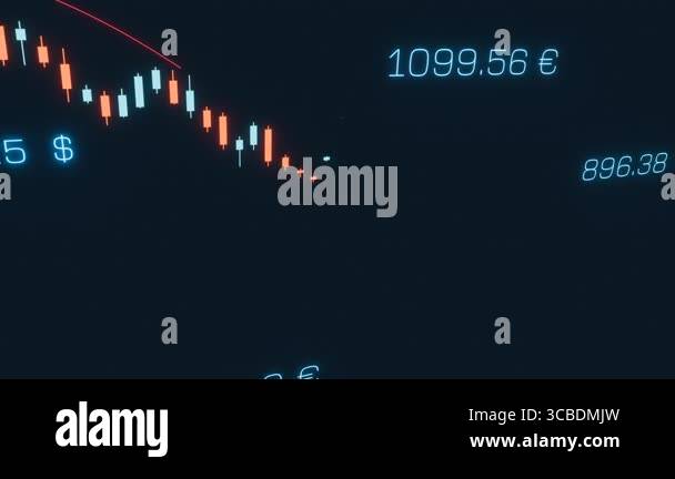 Candle stick chart moving down, falling share prices, stock market crash. Data, depression era ...