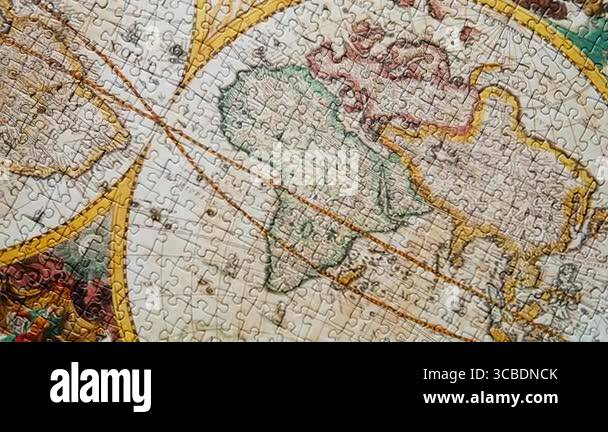 Top view assembled map puzzle. Jigsaw antique geographical landscape ...