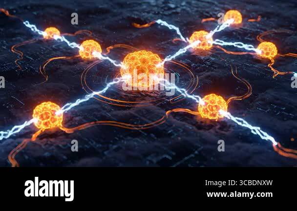 Abstract video showing glowing orange orbs connected by blue electric ...
