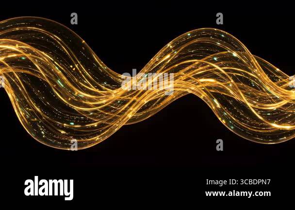Abstract video showing golden light trails flowing and waving against a ...