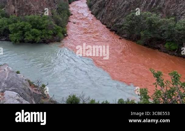 Confluence of the two rivers different colors Chu and Chon-Kemin into ...