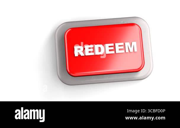 3D Rendered Red Button Labeled REDEEM Pressed by Finger White ...