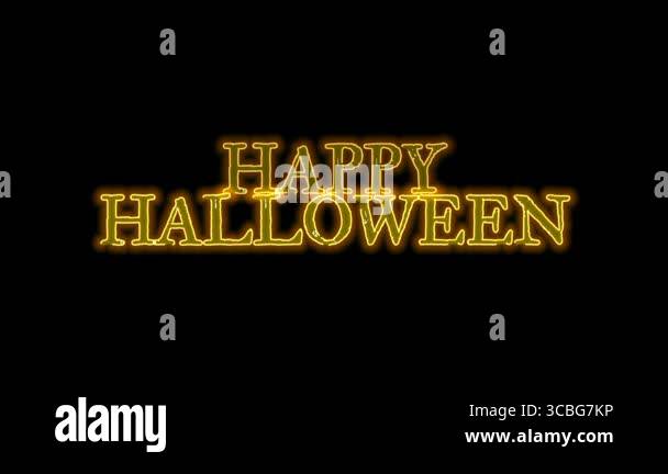 animation of happy halloween writing with yellow neon and pumpkin ...