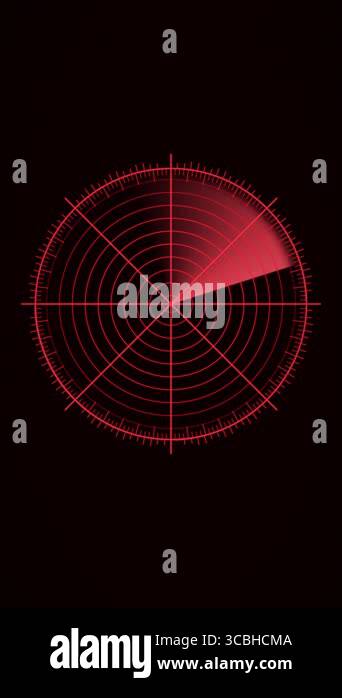 Vertical video animation of a radar screen in red with scanning beam on ...