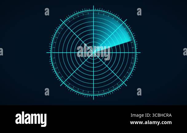 Video animation of a radar screen in blue with scanning beam on dark ...