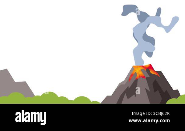 A volcano erupts near a peaceful green valley, contrasting the lush ...