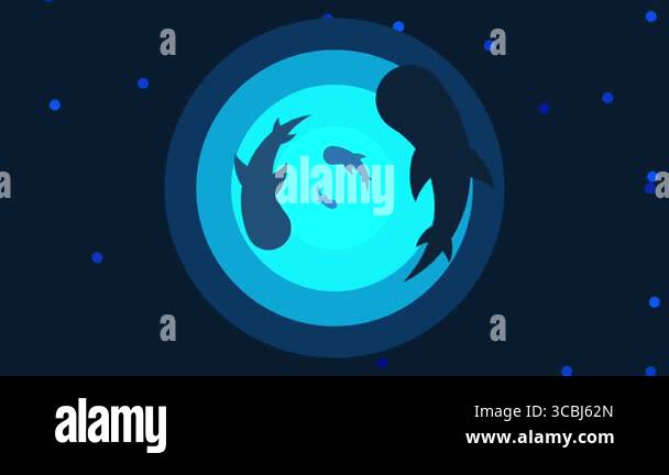 Multiple blue shapes orbit a central point against a dark backdrop ...